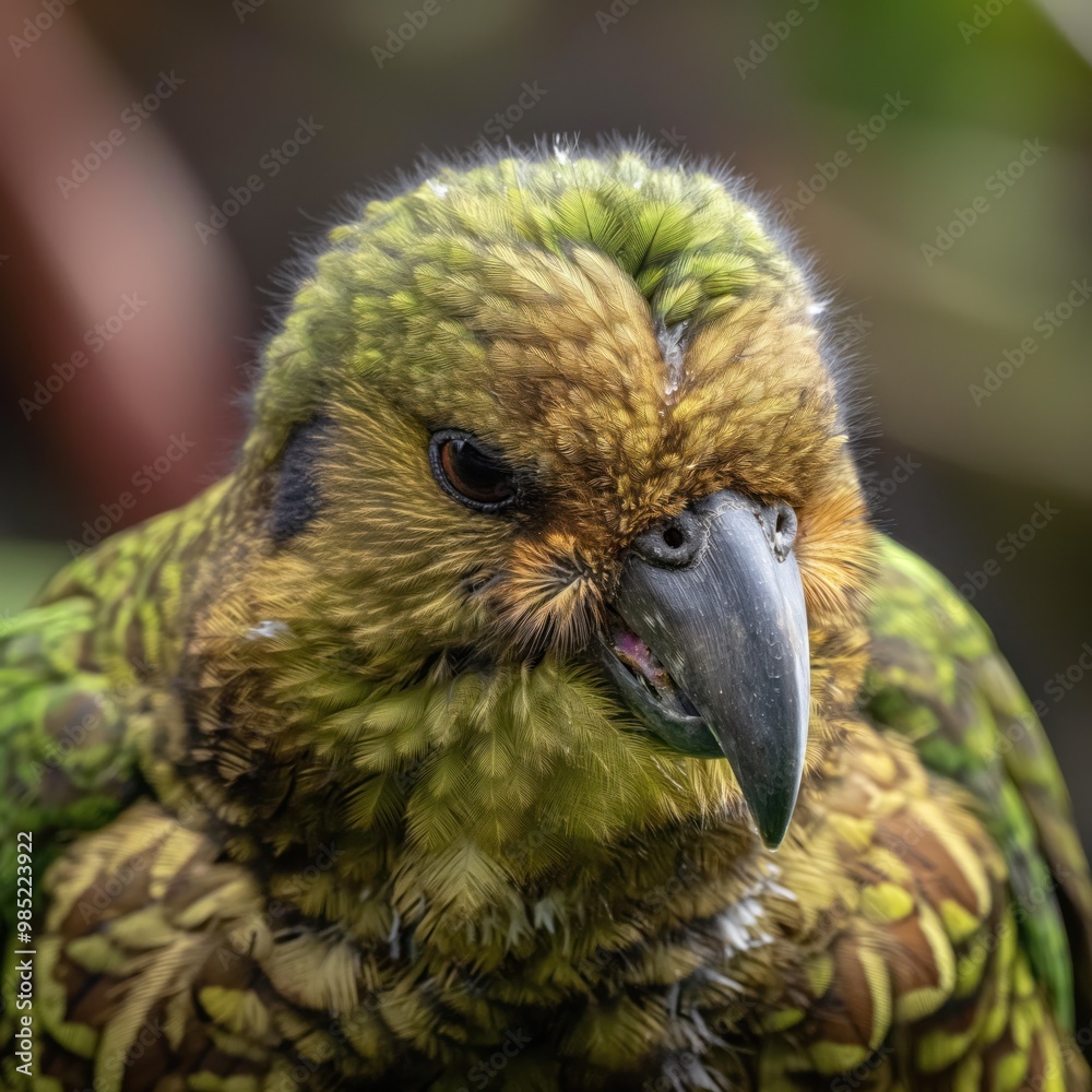 Close-up of kakapo bird with unique beak and feathers. Bird green ...