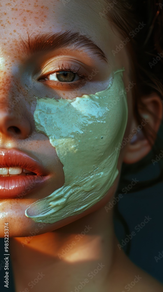 Woman applies green face mask on her cheek and forehead. Close-up shot ...