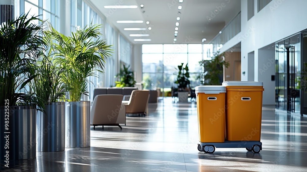 Clean and modern hallway with potted plants and waste bins Stock ...