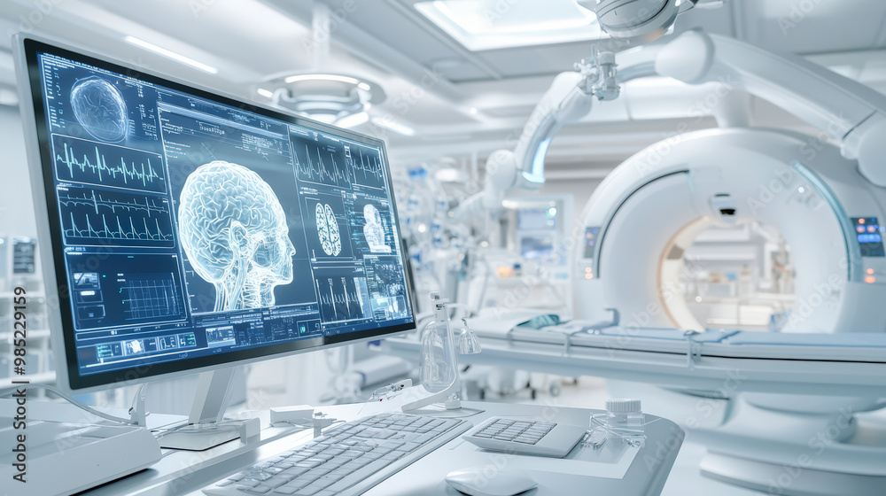 A state-of-the-art medical imaging room with a brain scan displayed on ...