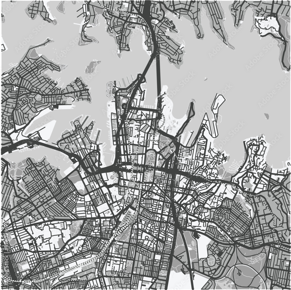 Map of Sydney center in Australia in grayscale. Contains layered vector ...
