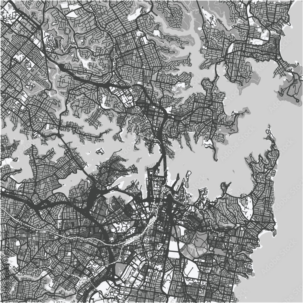 Map of Sydney Harbour in Australia in grayscale. Contains layered ...