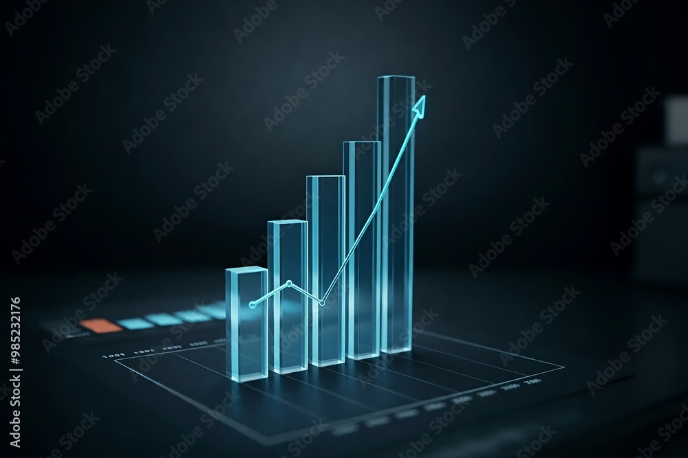 A 3D bar chart with five bars increases in height from left to right ...