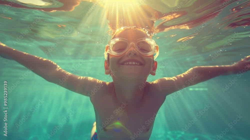 Cute smiling child having fun swimming and diving in the pool at the ...