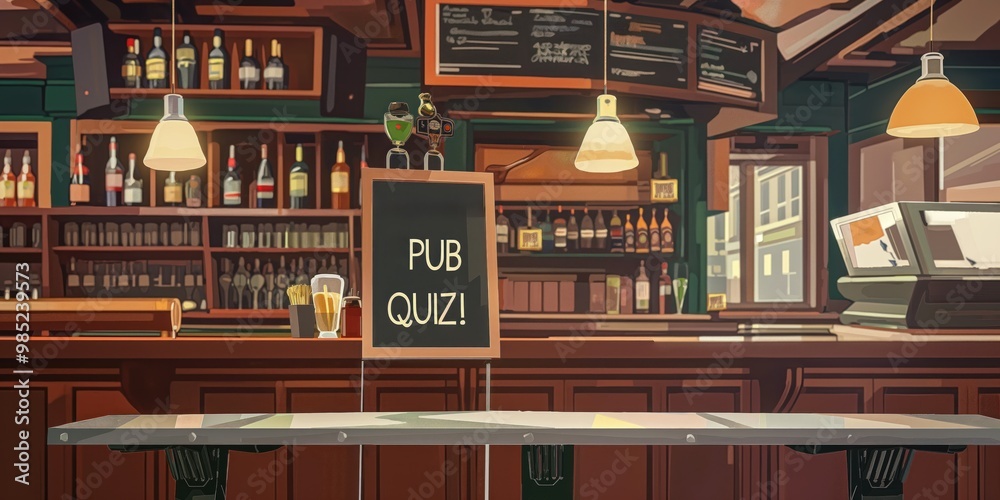 Vintage pub interior scene with wooden bar counter hosting beer bottles ...
