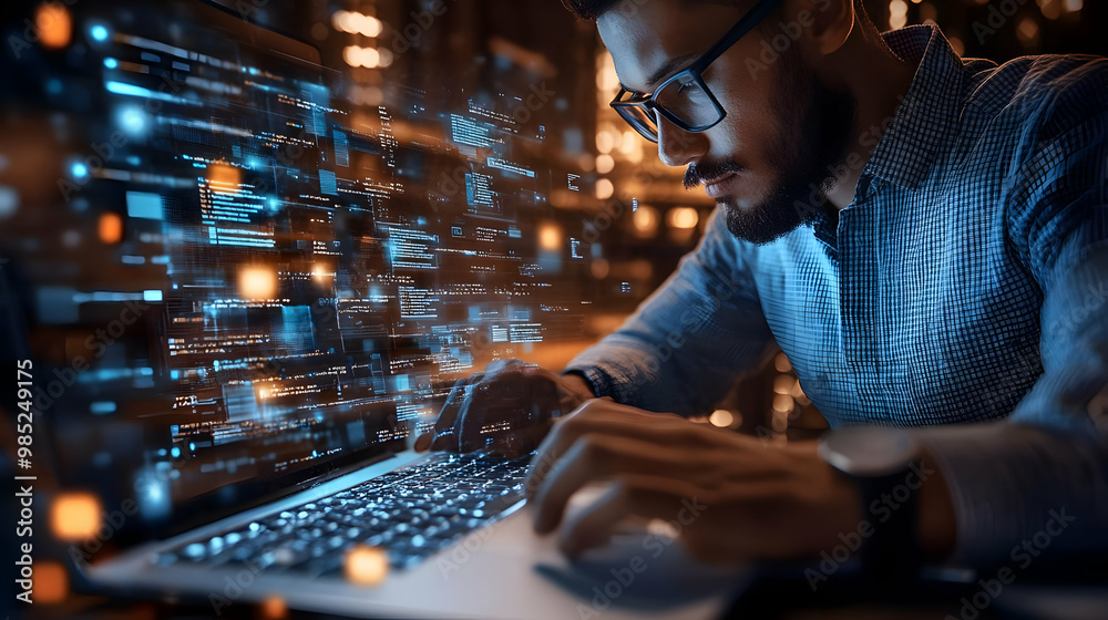 Programmer Working on a Laptop with Code on the Screen - Realistic ...