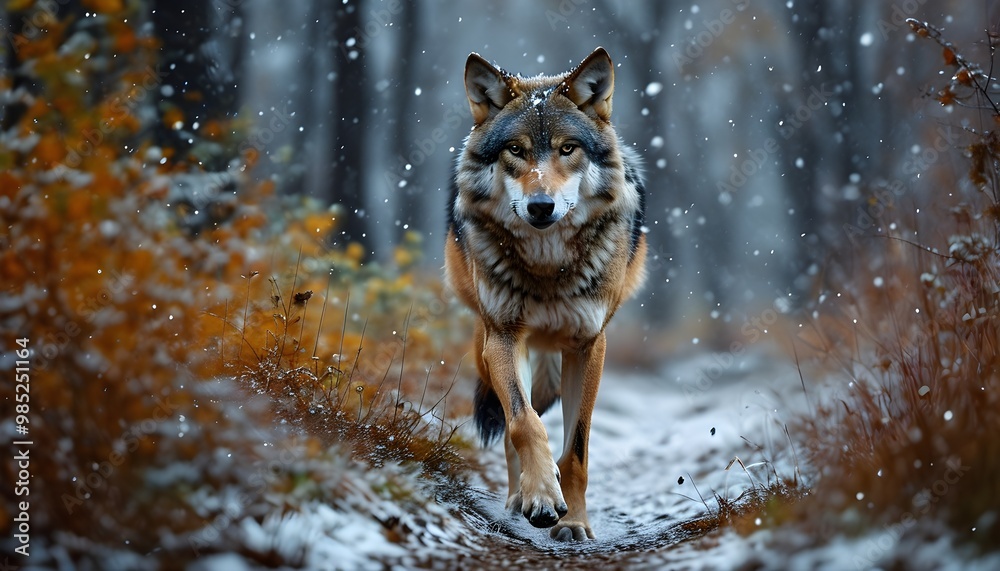 Majestic Wolf Wandering Through Autumn Woods in Gentle Snowfall ...