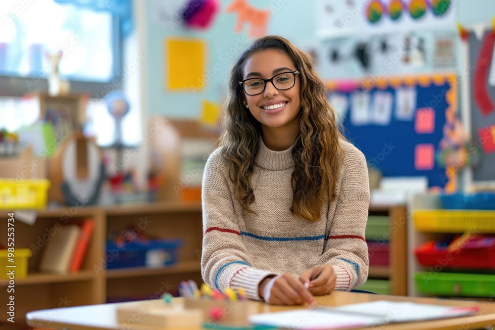 Young Hispanic woman teacher wearing sweater, glasses sitting at ...