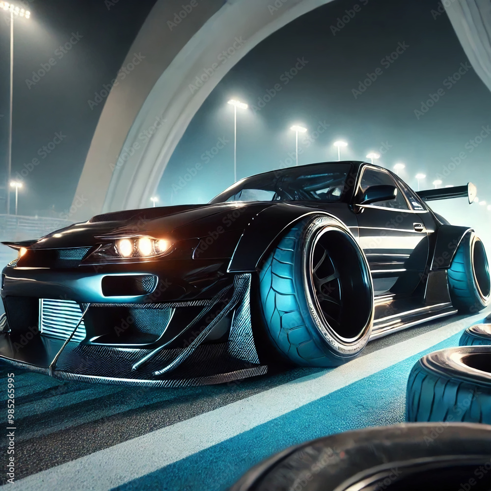 black drift style race car, wide stance and wide wheels on a race track ...