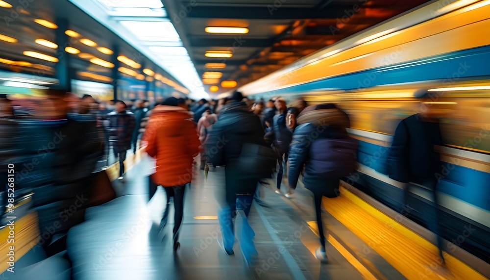 Dynamic city rush at train station with bustling crowd and motion blur ...