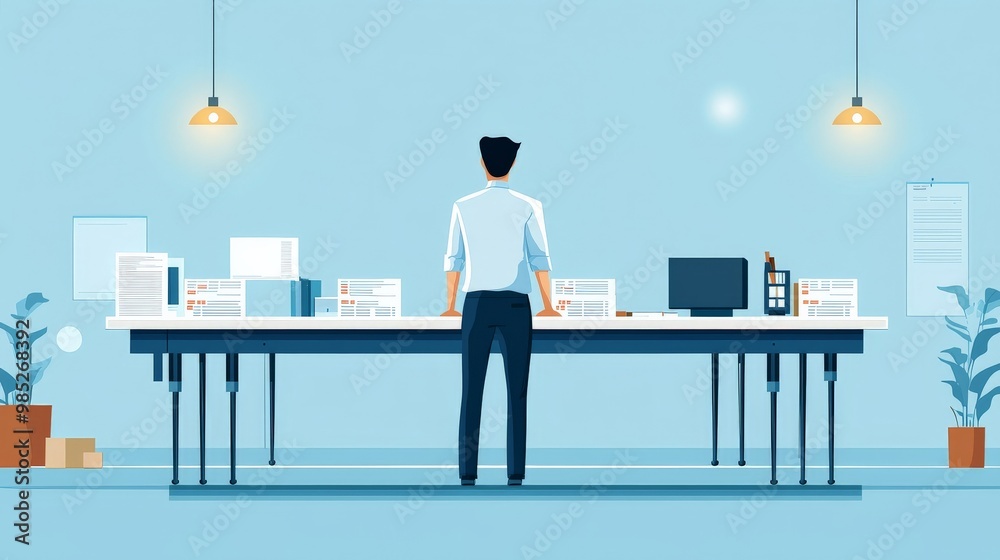 A conveyor belt with endless paperwork being processed by a lone worker ...