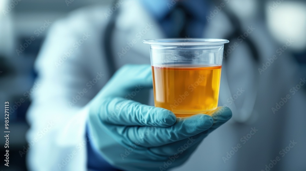 Doctor hand holding a small cup of urine for a lab test, urine sample ...