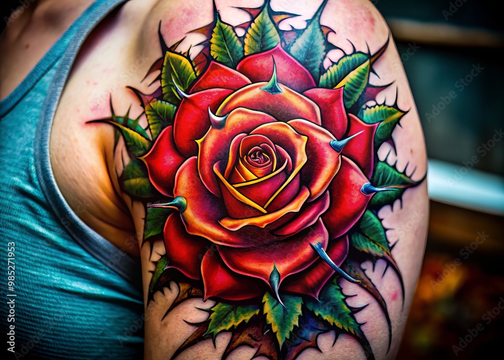 A detailed thorned rose tattoo featuring intricate petals and sharp ...
