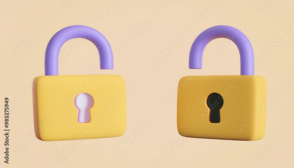 Two padlock symbols one locked and one unlocked displayed on a plain ...
