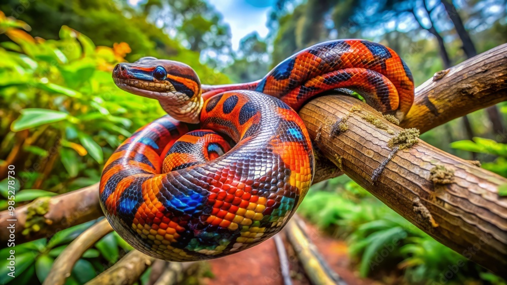 A stunning Brazilian Rainbow Boa coils gracefully on a branch, showcasing its vibrant ...