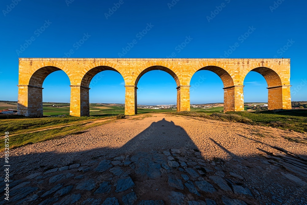 Shadows cast by the arches of the aqueduct, adding depth and contrast ...