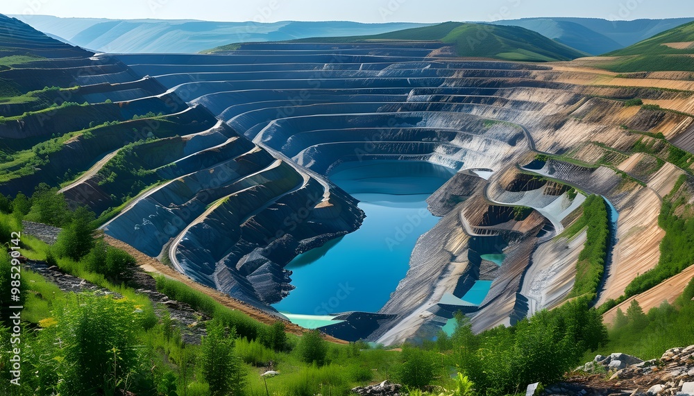 Enormous open-pit mine with winding terraces, deep blue water pools ...