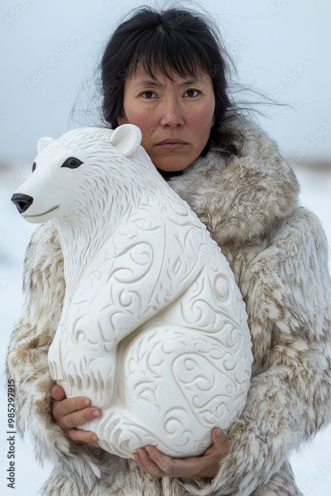 Close-Up Half body of a Canadian Inuit woman in traditional parkas ...