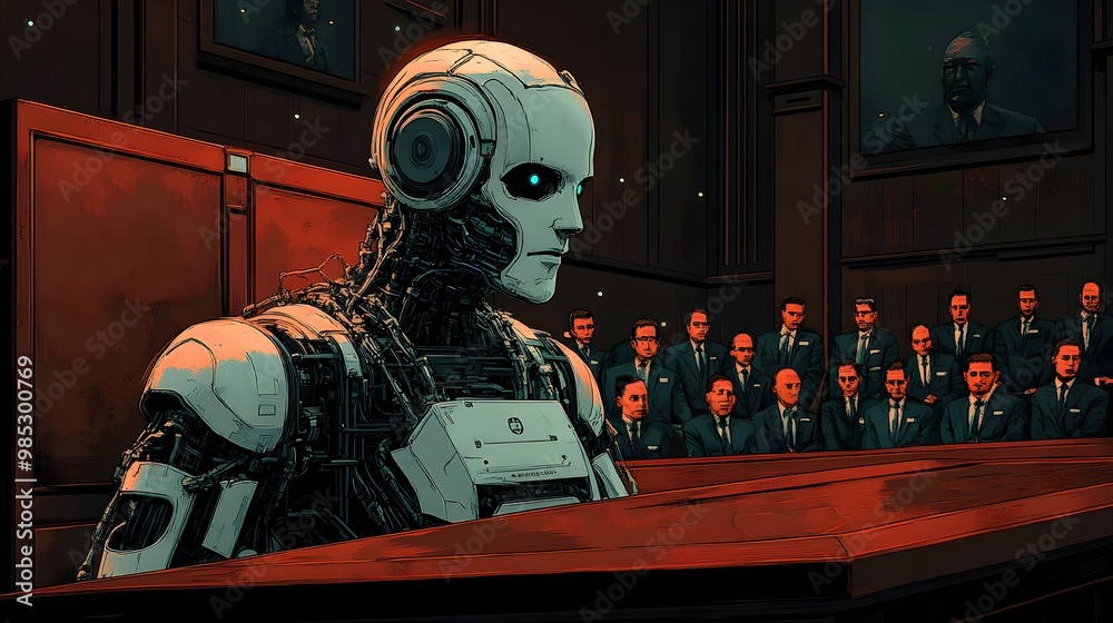 An AI humanoid in the defendant's stand, bound by digital chains that ...