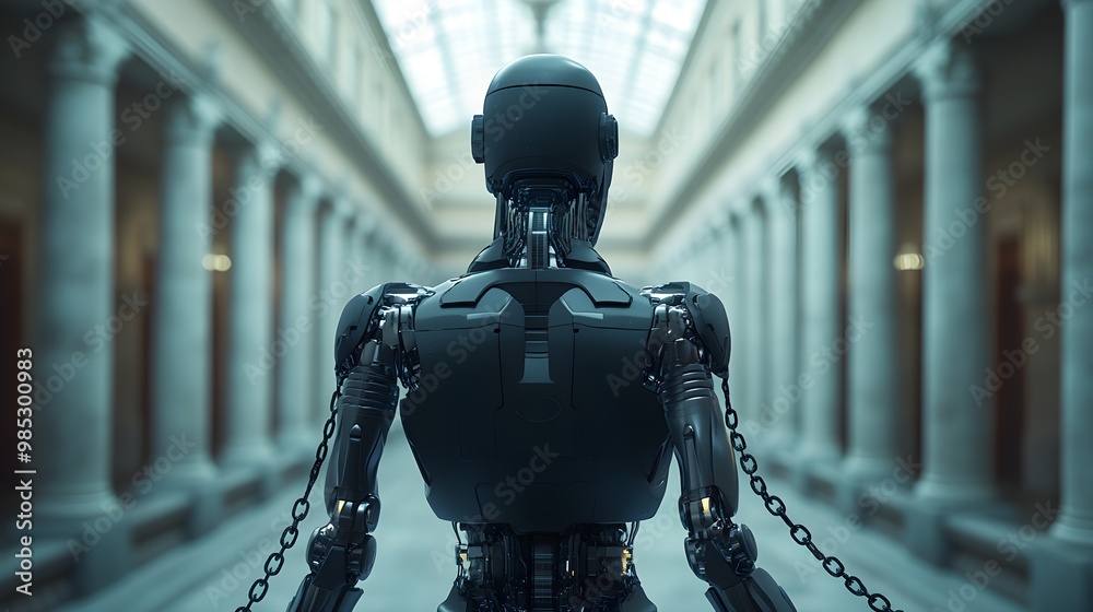 An AI robot encircled by chains of justice, each link symbolizing a ... An AI robot encircled by chains of justice, each link symbolizing a ...
