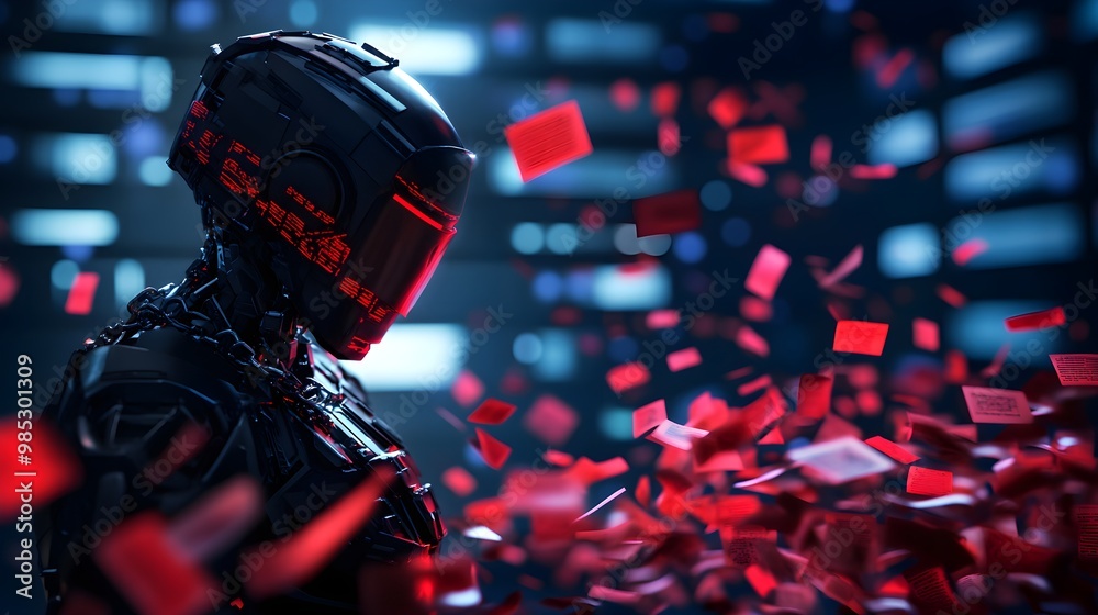 Humanoid robot chained by shredded legal papers, courtroom with ...