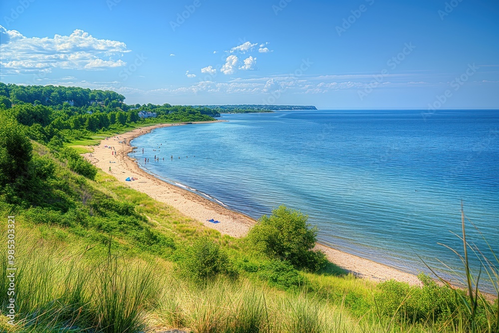 Beach scene in Saugatuck, Michigan. Ocean waves crash against the shore ...