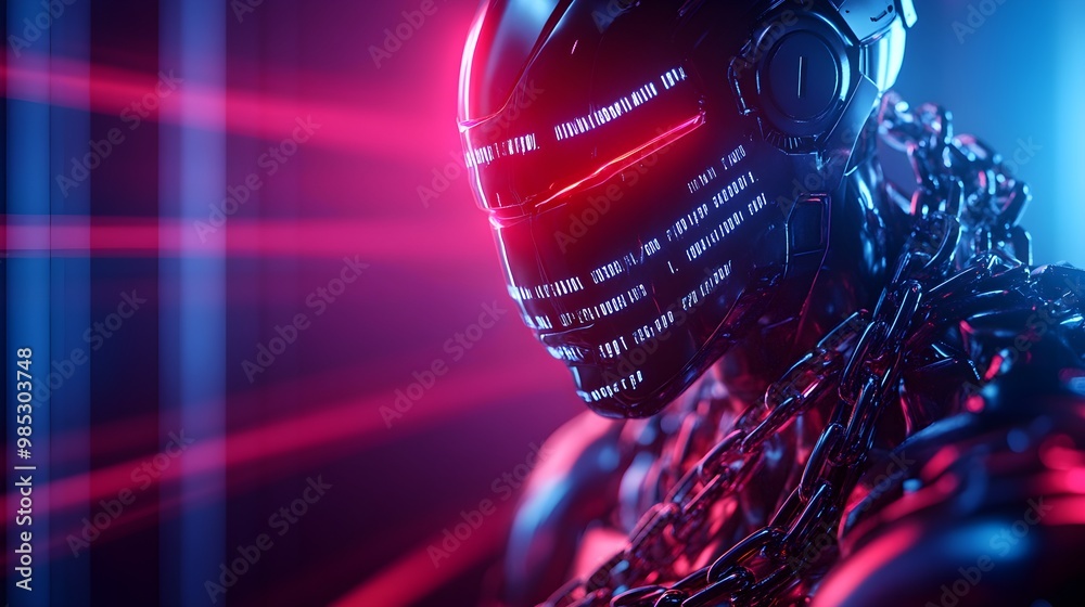 Robotic figure, chains with legal inscriptions wrapping around its ...