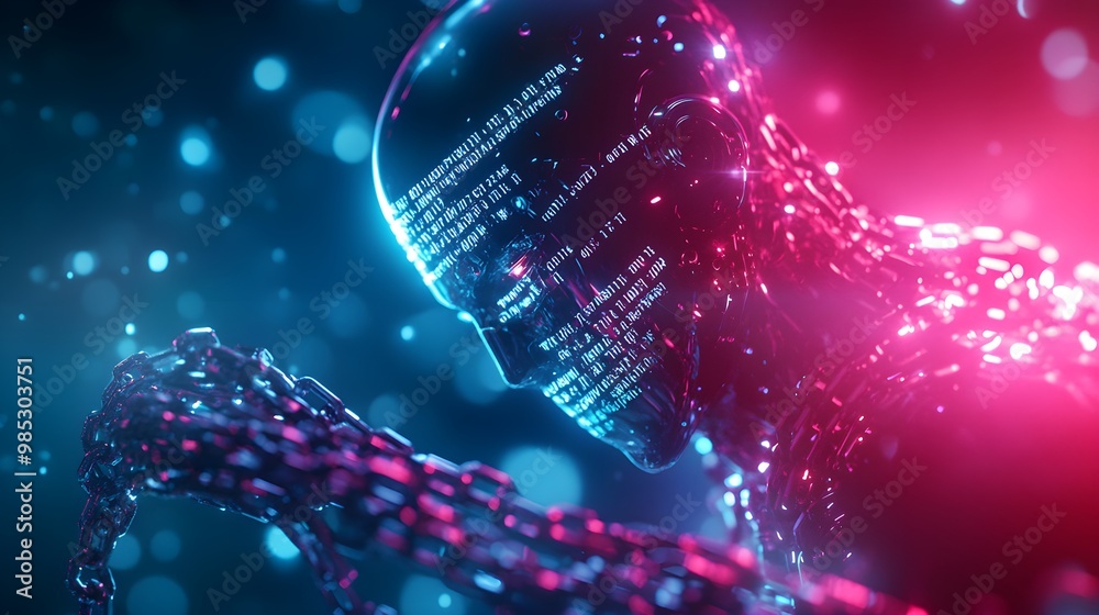 Robotic figure, chains with legal inscriptions wrapping around its ...