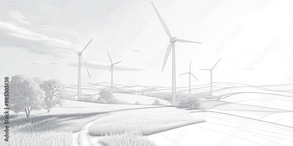 3D style line art illustration of wind turbines on a farm showcasing ...