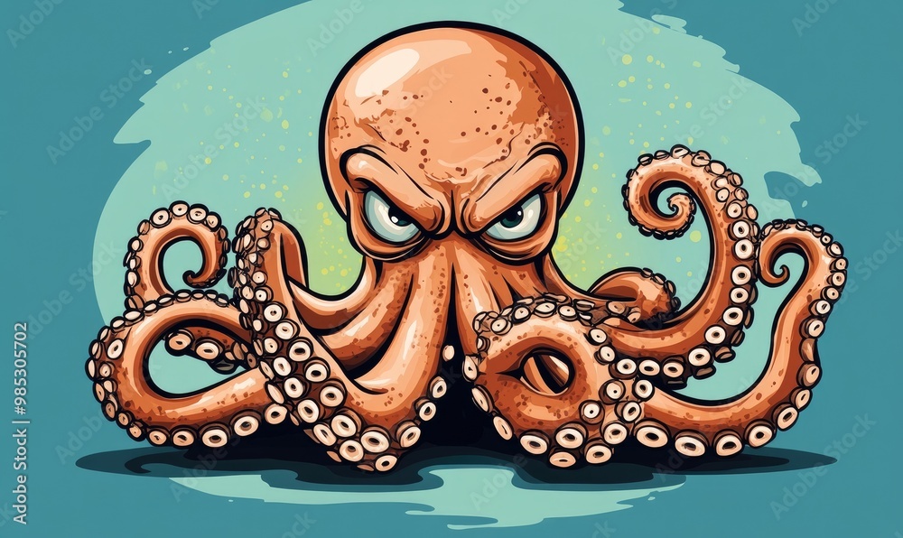 Cartoon illustration of a monstrous octopus in a line art style Stock ...