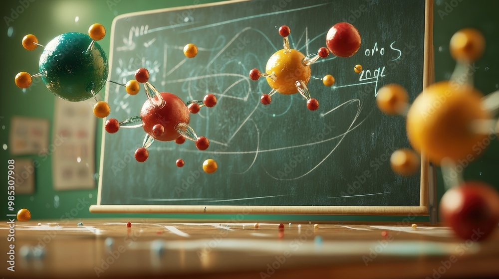 3D cartoon illustration of a group of animated atoms and molecules ...