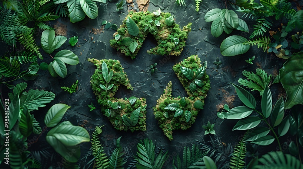 Recycling symbol made green foliage surrounded by natural textures like ...