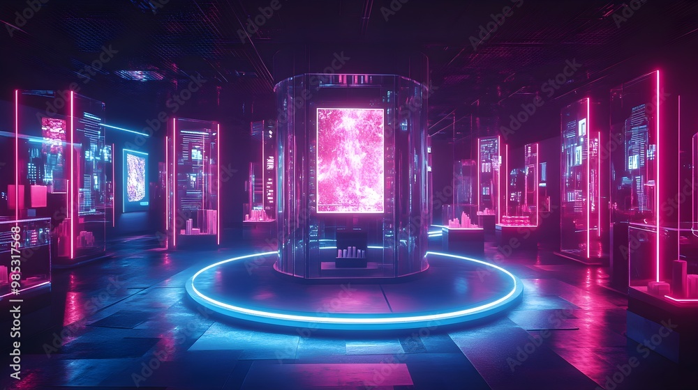 A circular craft fair with futuristic stalls selling 3D-printed items ...