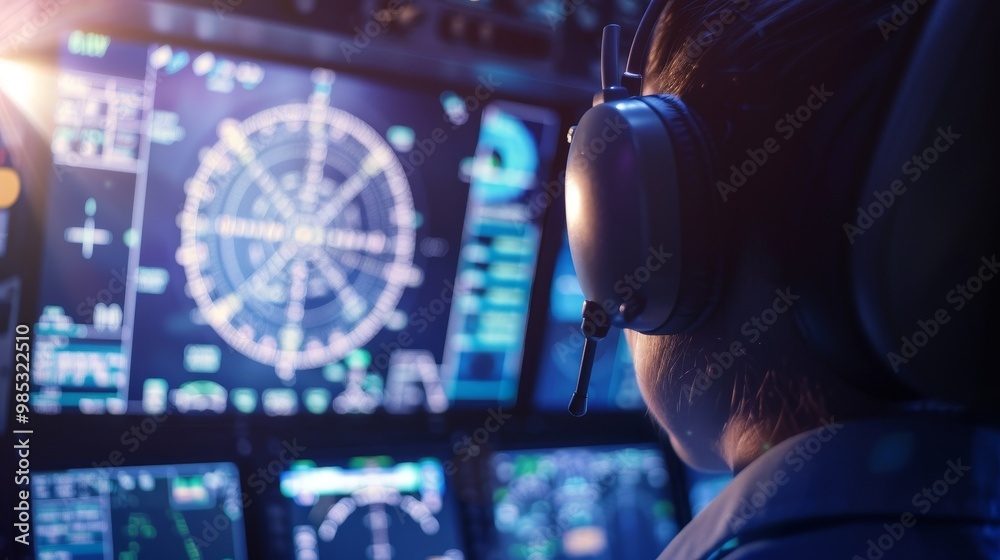 Pilot wearing headset, intently observing flight simulator screen with ...