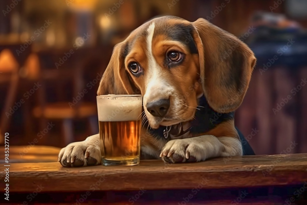 beagle dog in a bar with a pint of beer Stock Illustration | Adobe Stock