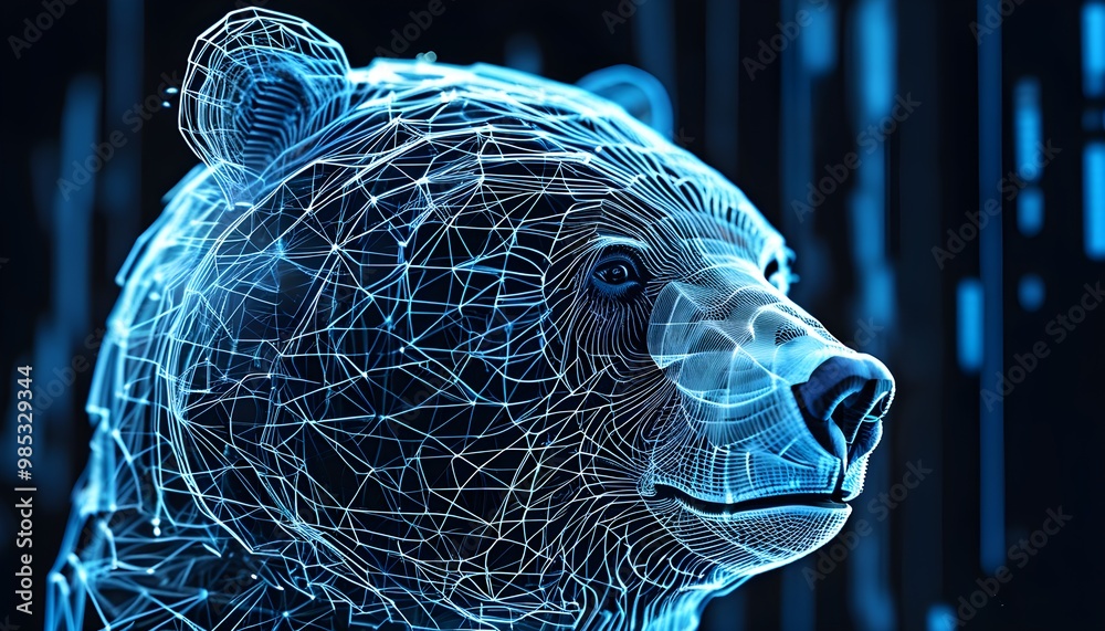 Futuristic bear head design in blue wireframe, illustrating the fusion ...