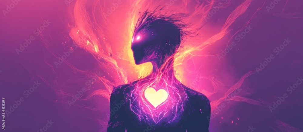 Abstract representation of a gradient electric light alien with a heart ...