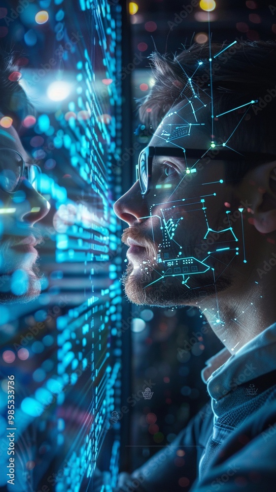Futuristic profile of a man interfacing with holographic data ...
