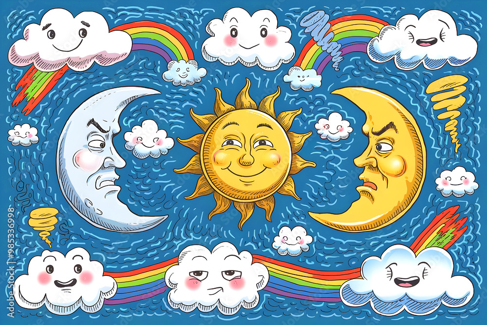 A cartoon series of suns, moons, and clouds, all with either an enraged ...