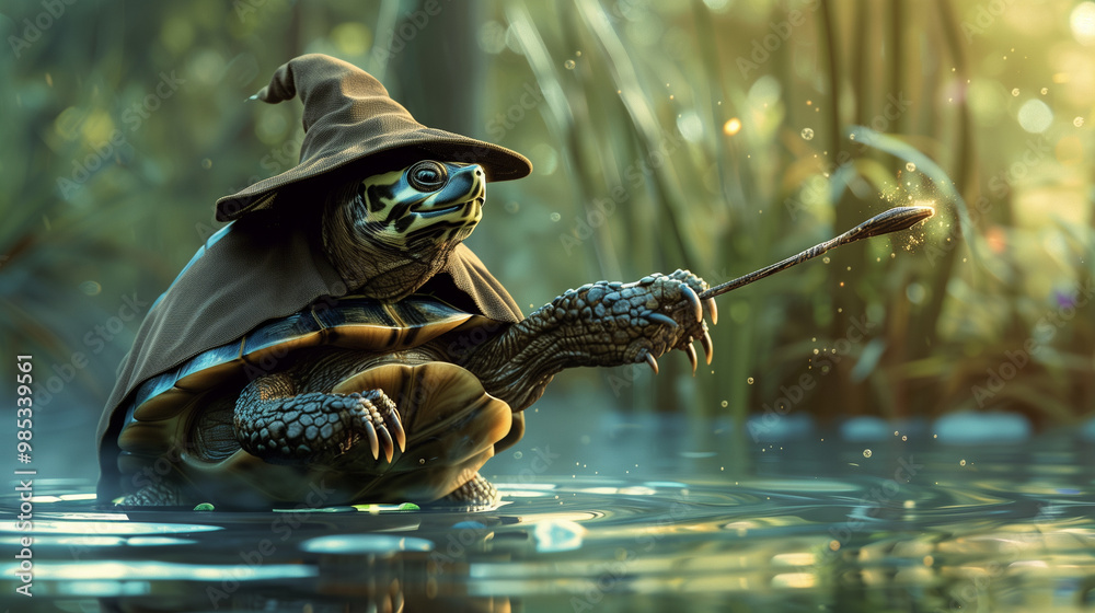 Turtle wearing a wizard hat casting a magical spell with a wand in a ...