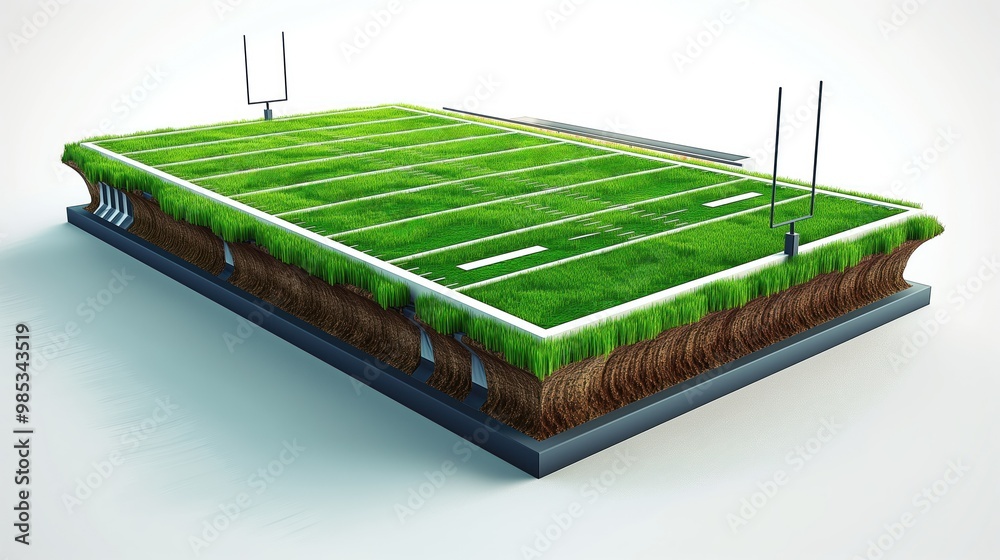 3D illustration of American football field ground with green rugby ...