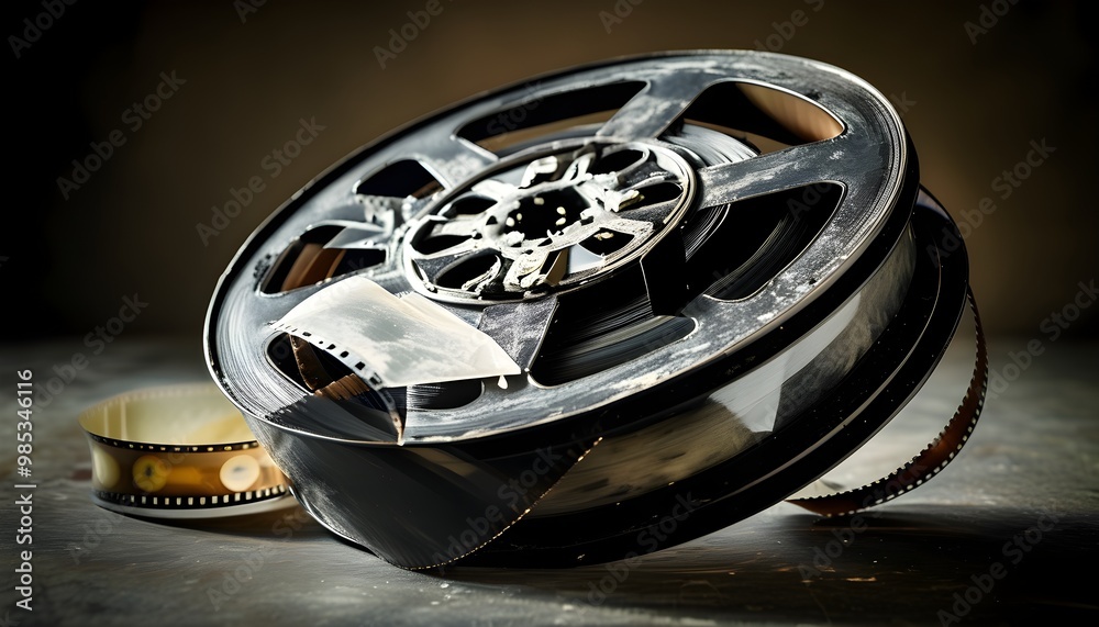 Nostalgic vintage film reel with a worn black finish, slightly tilted ...