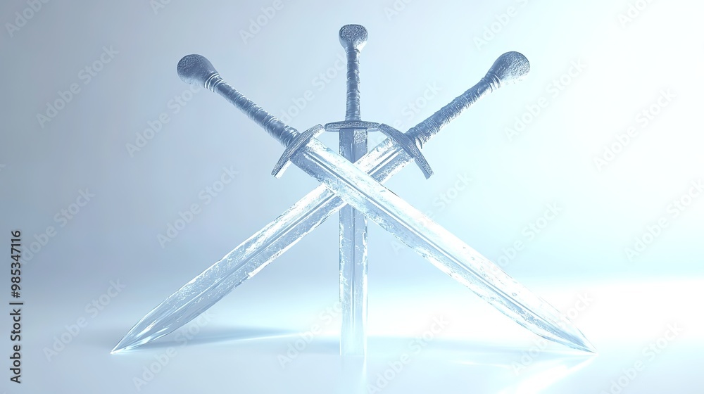 Isometric 3D rendering of two crossed swords with frosted glass texture ...