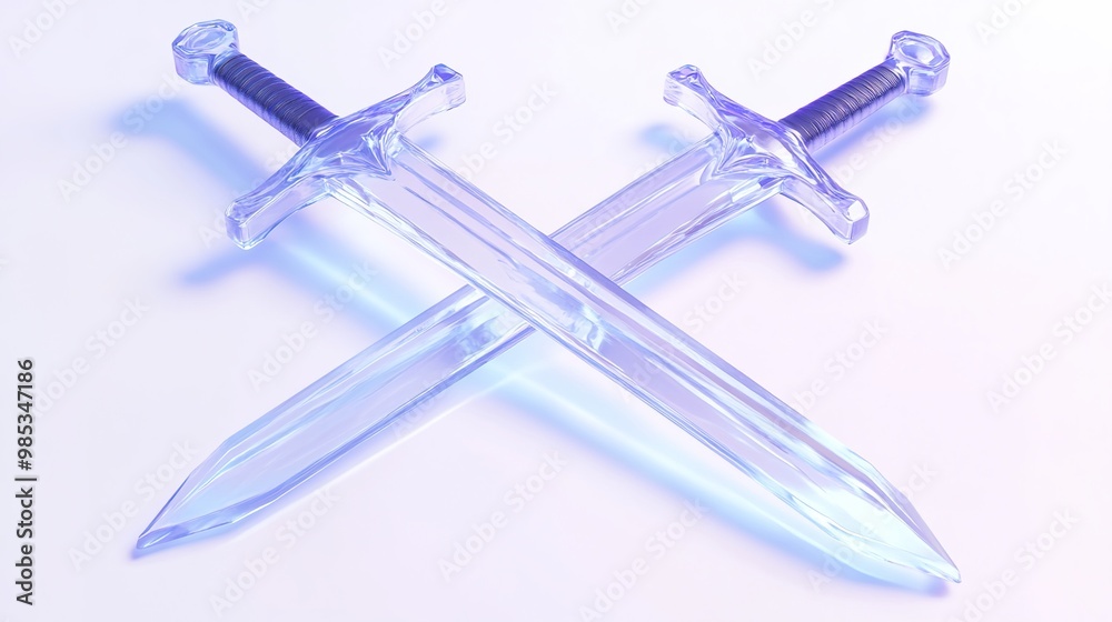 Isometric 3D rendering of two crossed swords with frosted glass texture ...