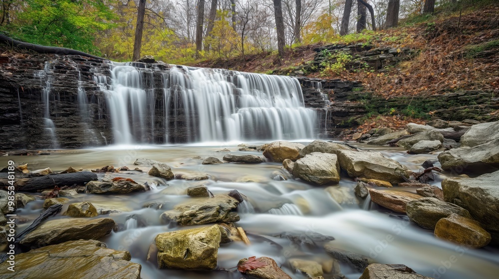 Waterfall flows over rocky surface in rich forest. Green foliage ...