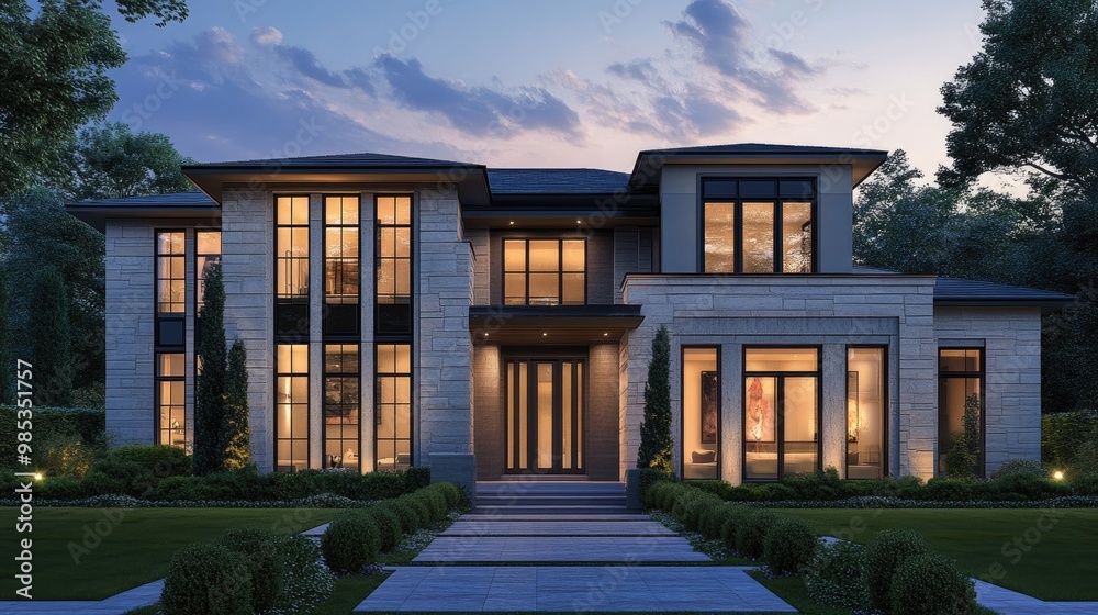 Elegant rendering of a modern home at dusk, with large windows and ...