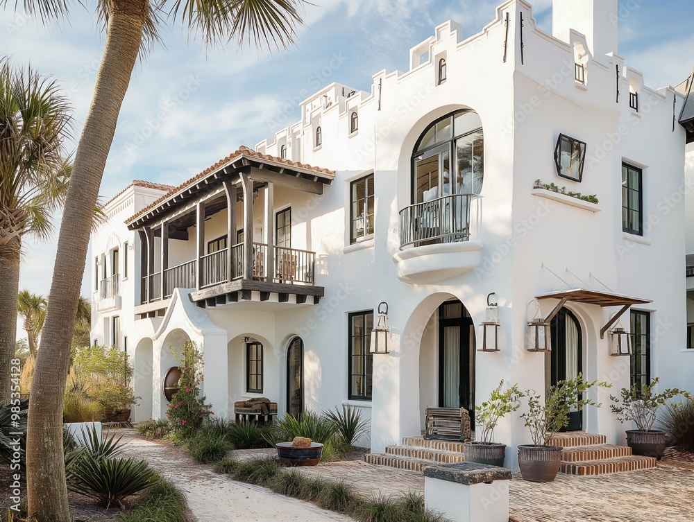 Medieval-style stone house with narrow windows, traditional roof in ...