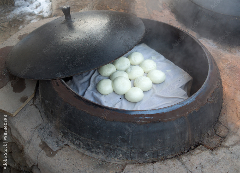Korean food Jjinppang(steamed bun with red bean paste filling) in an ...