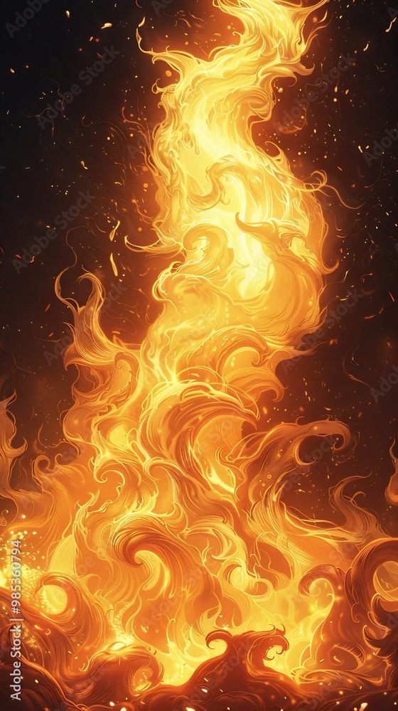 Fire drawing with flames rising sketched in dynamic swirling shapes ...