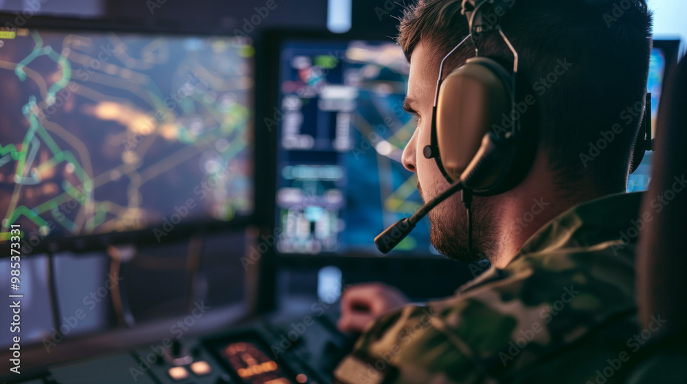 Pilot wearing headset, intently observing flight simulator screen with ...